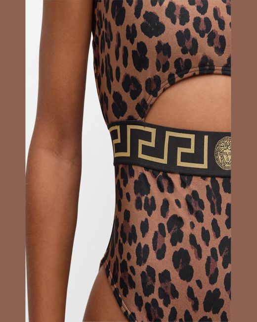 Versace Leopard Greca Border One-Piece Swimsuit in Orange | Lyst
