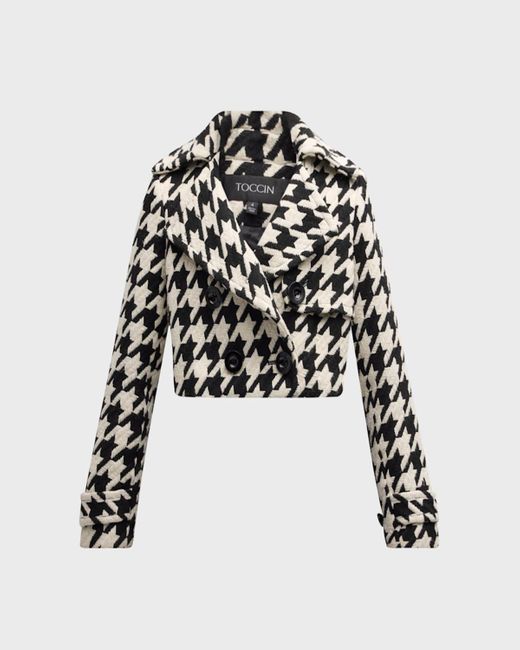 Toccin Ally Double-Breasted Cropped Houndstooth Jacket in Black | Lyst