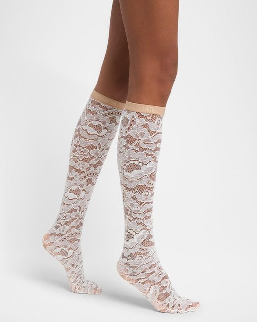 Valentino Garavani Rebrode Lace Knee-High Socks in White | Lyst
