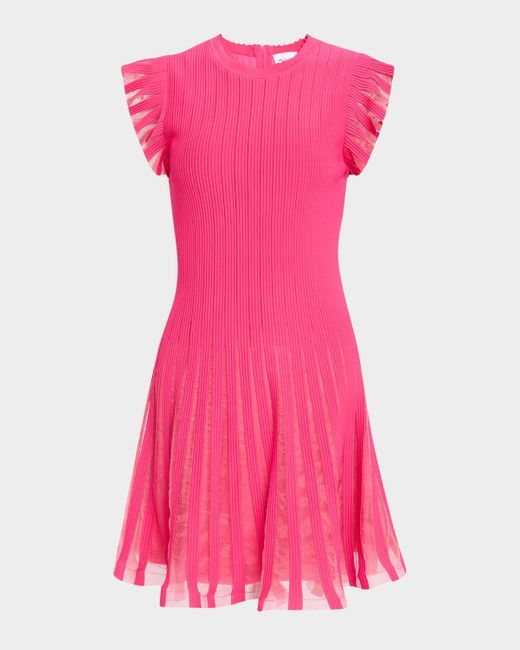 MILLY Sheer Flutter-Sleeve Knit Dress in Pink | Lyst