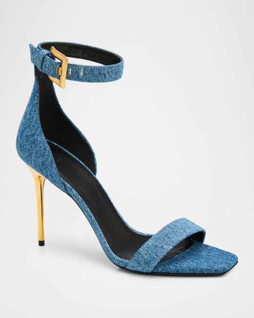 Balmain 100Mm Anthem Denim Ankle-Strap Sandals in Blue | Lyst