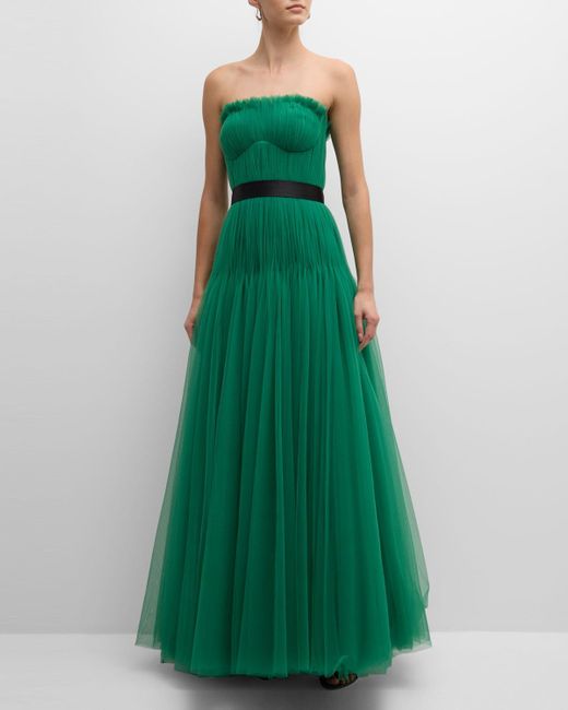 Zac Posen Strapless Pleated Tulle Bustier Gown in Green | Lyst