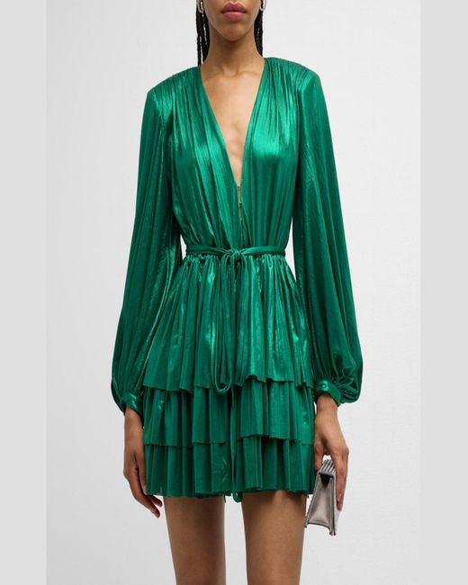 Bronx and Banco Bedouin Tiered Deep V-Neck Metallic Mini Dress in Green ...