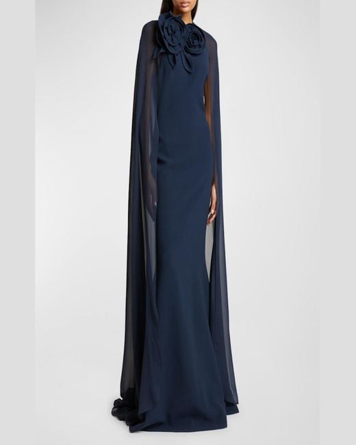 Elie Saab Flower-Neck Cape Trumpet Gown in Blue | Lyst