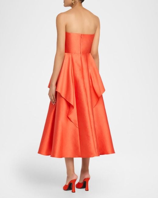 Shoshanna Pippa Strapless Draped Mikado Midi Dress in Red | Lyst