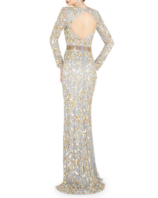Mac Duggal Synthetic Sequin High Neck Long Sleeve Illusion Gown W Open