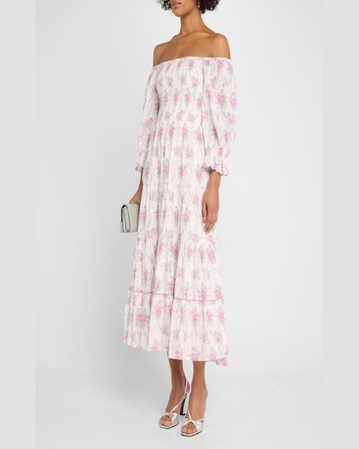 LoveShackFancy Rigby Cotton Floral Midi Dress in Pink | Lyst