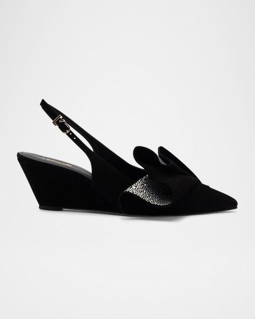 Larroude Loulou Suede Ruffle Wedge Pumps in Black | Lyst