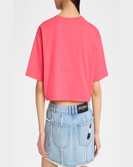 Balmain Logo Baseball Crop T-Shirt in Pink | Lyst
