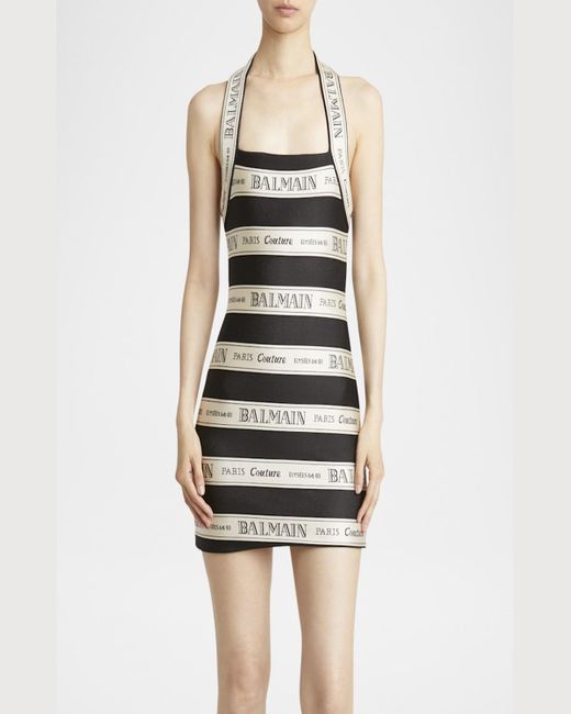Balmain Striped Logo Halter Mini Dress in White | Lyst