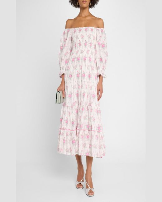 LoveShackFancy Rigby Cotton Floral Midi Dress in Pink | Lyst