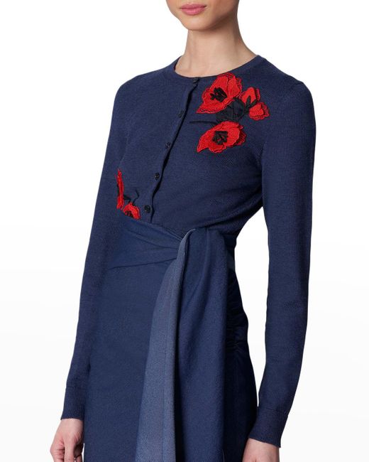Carolina Herrera Embroidered Poppy Wool Cardigan In Blue Lyst