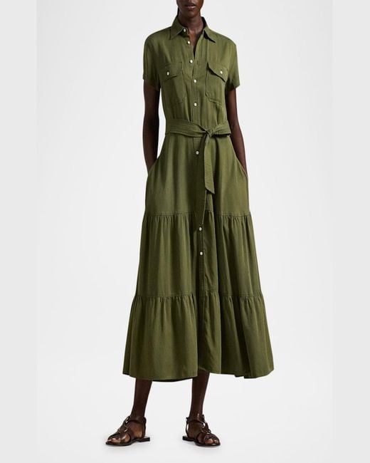 Polo Ralph Lauren Belted Tiered Shirtdress in Green | Lyst