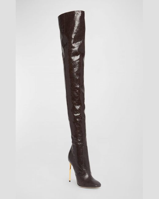Tom Ford Python-Embossed Stiletto Over-The-Knee Boots in Brown | Lyst