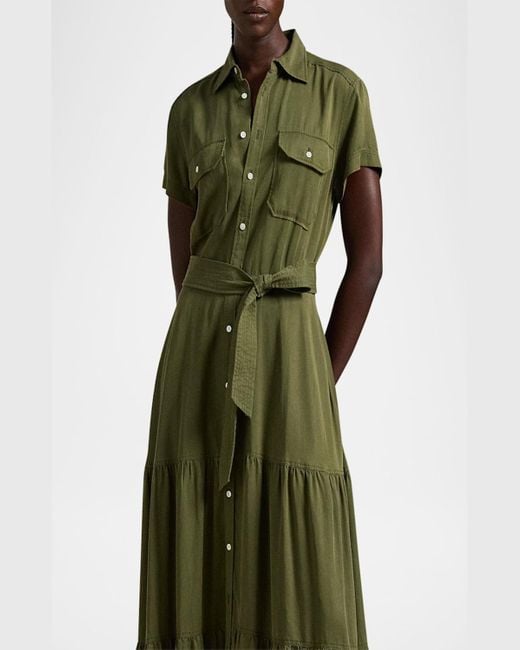Polo Ralph Lauren Belted Tiered Shirtdress in Green | Lyst