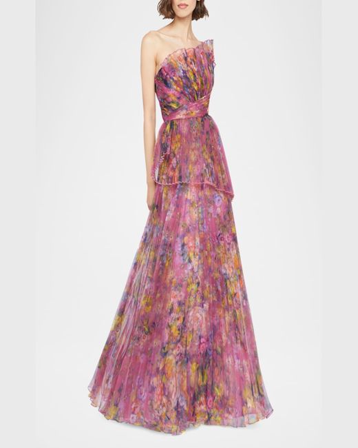 THEIA Nicolette Pleated Floral-Print Organza Gown in Purple | Lyst