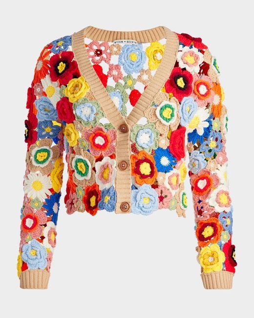 Alice + Olivia Bradley Cropped Floral Crochet Cardigan in White | Lyst
