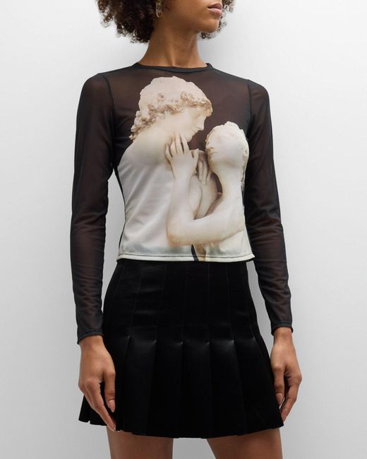 Alice + Olivia Delaina Italian Romance Printed Mesh Crop Top in Black ...