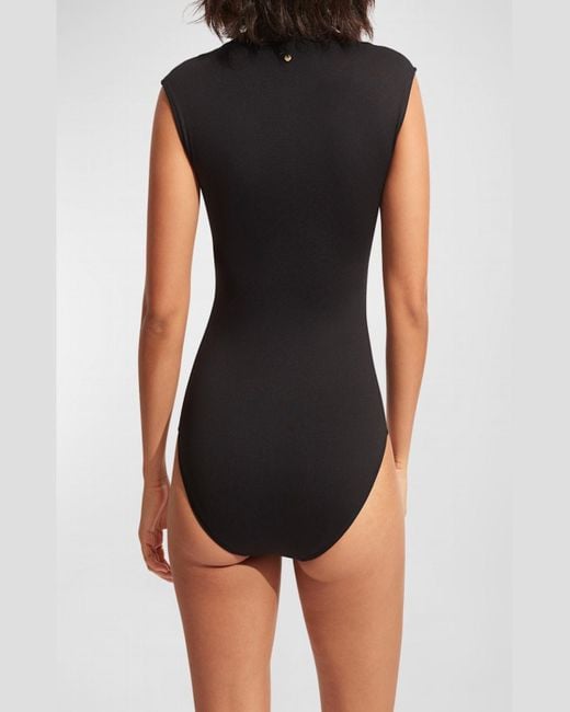Seafolly Zip-Front Rashguard One-Piece Swimsuit in Black | Lyst