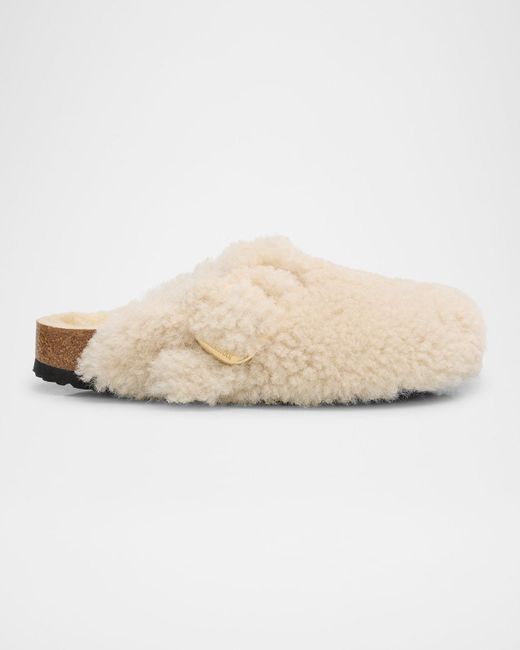 Birkenstock Boston Teddy Shearling Buckle Mules in Natural | Lyst