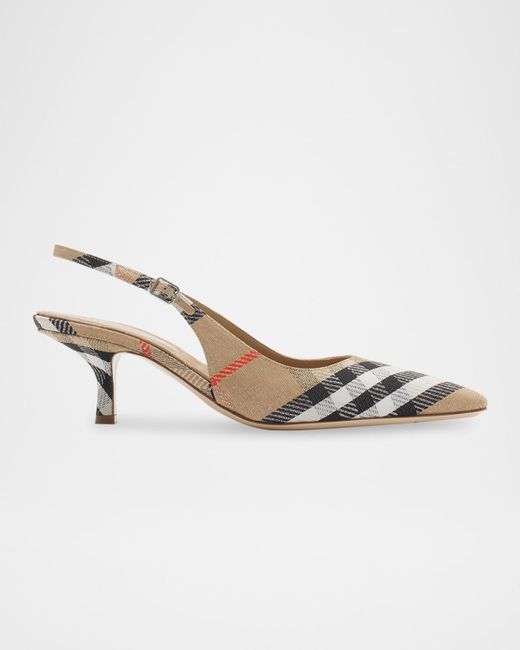 Burberry Birdie Metallic Check Slingback Kitten-Heel Pumps in White | Lyst