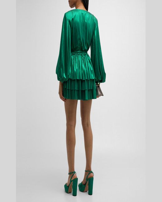 Bronx and Banco Bedouin Tiered Deep V-Neck Metallic Mini Dress in Green ...