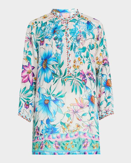 Johnny Was Leena Embroidered Floral-Print Silk Tunic in Blue | Lyst