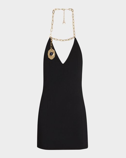 Area Chain Plate Plunging Halter Mini Dress in Black | Lyst