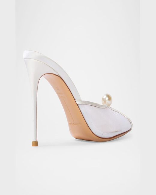 Black Suede Studio Pearly Mesh Peep-Toe Slide Sandals in White | Lyst