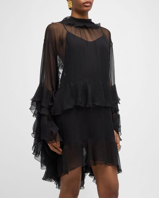 Chloé Silk Mousseline Mini Dress With Ruffle Details in Black | Lyst