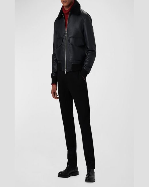 Bugatchi Shearling-collar Leather Bomber Jacket in Black for Men | Lyst