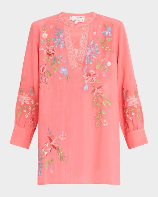 Johnny Was Voyager Floral-Embroidered Henley Tunic in Pink | Lyst