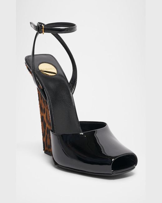 Saint Laurent Le Scandale Patent Leopard Wedge Sandals in White | Lyst