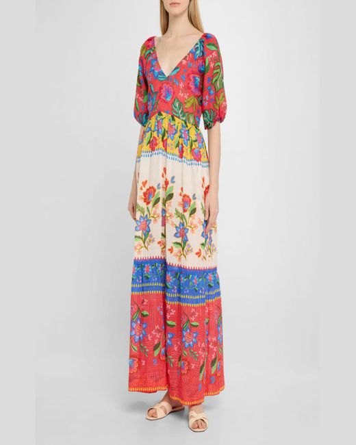 Johnny Was Floral Puff-Sleeve Maxi Dress in Red | Lyst