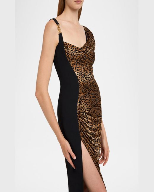 Versace Leopard-Print Draped Liquid Jersey Slit Gown in Brown | Lyst