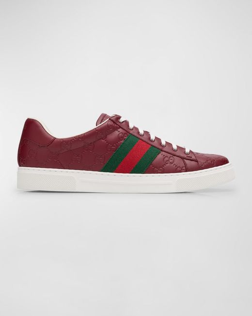 Gucci Ace Gg Embossed Leather Low-Top Sneakers in Red for Men | Lyst