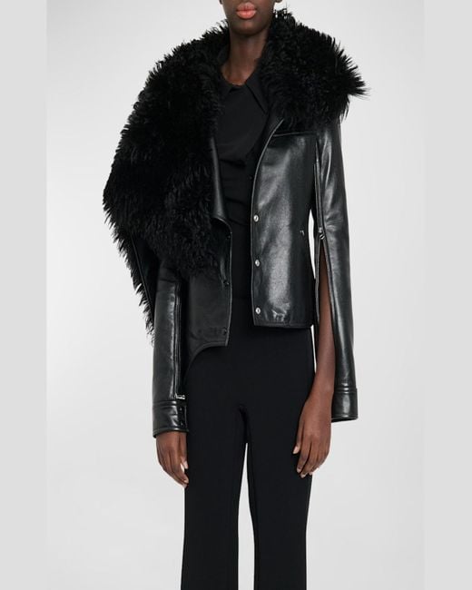 Courreges Lamb Shearling Asymmetric Leather Moto Jacket in Black | Lyst