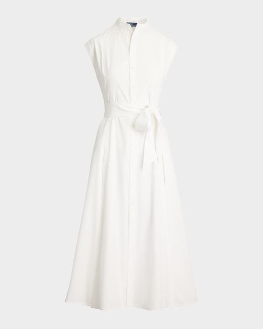 Polo Ralph Lauren Belted Cotton Sleeveless A-Line Dress in White | Lyst