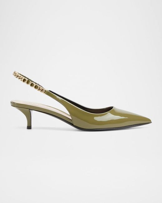 Gucci Signoria Patent Logo Chain Kitten Pumps in Metallic | Lyst