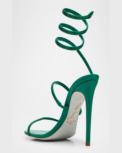 Rene Caovilla Cleo Satin Crystal Snake Wrap Sandals in Green | Lyst
