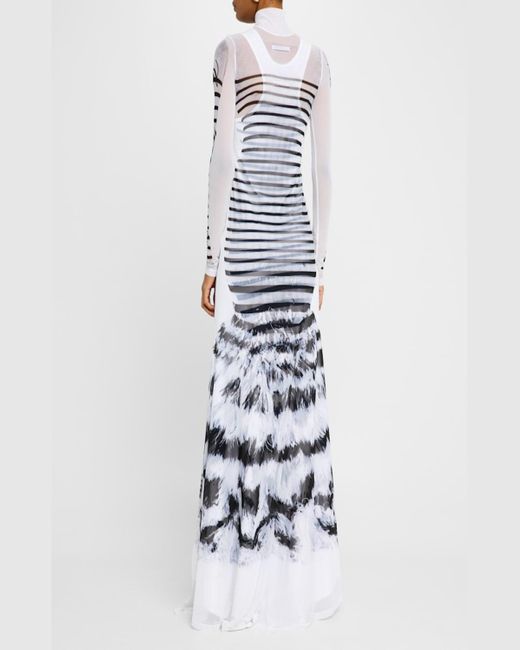 Jean Paul Gaultier Feather Mariniere-Printed Mesh Long-Sleeve Gown in ...