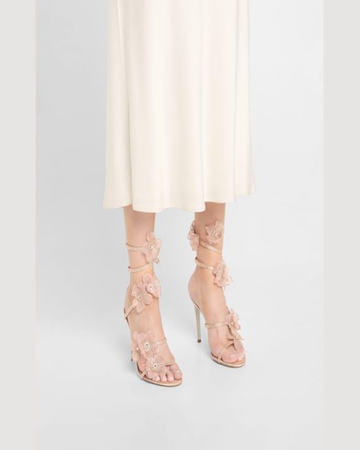 Rene Caovilla Floraine Crystal Flowers Satin Snake-Wrap Sandals in Pink ...