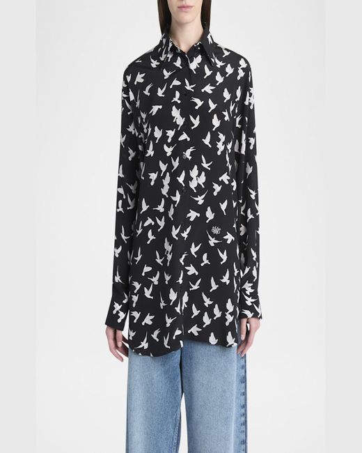 Stella McCartney Flying Bird Silk Oversized Button-Down Shirt in Black | Lyst