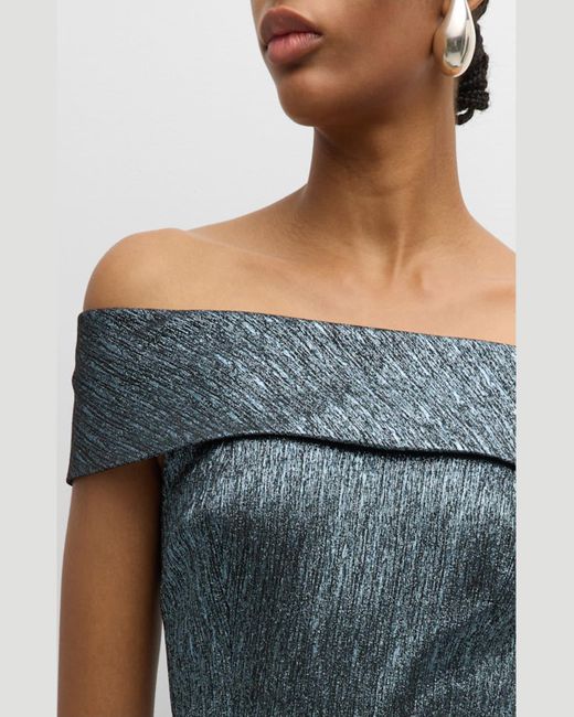 Teri Jon Off-Shoulder Metallic Column Gown in Blue | Lyst
