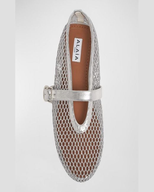 Alaïa Metallic Net Mary Jane Ballerina Flats in Gray | Lyst
