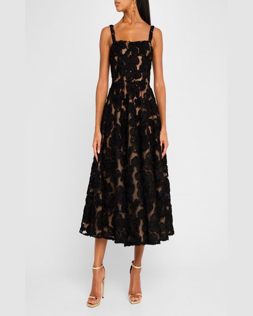 Bronx and Banco Sabrina A-Line Floral Applique Midi Dress in Black | Lyst