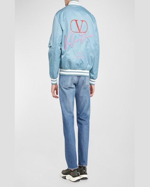 Valentino Embroidered Script Bomber Jacket in Blue for Men | Lyst