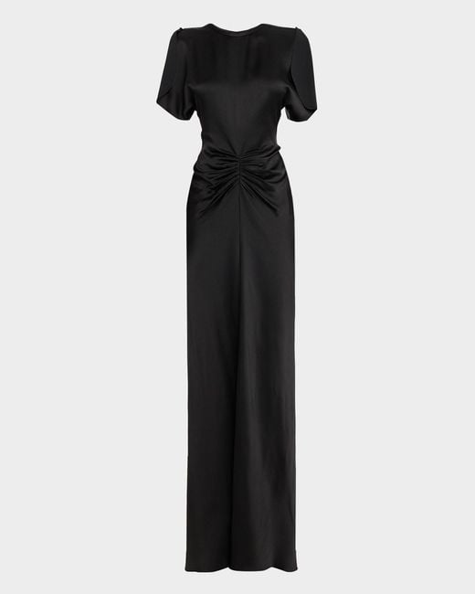 Victoria Beckham Gathered Waist Satin Maxi Dress in Black | Lyst