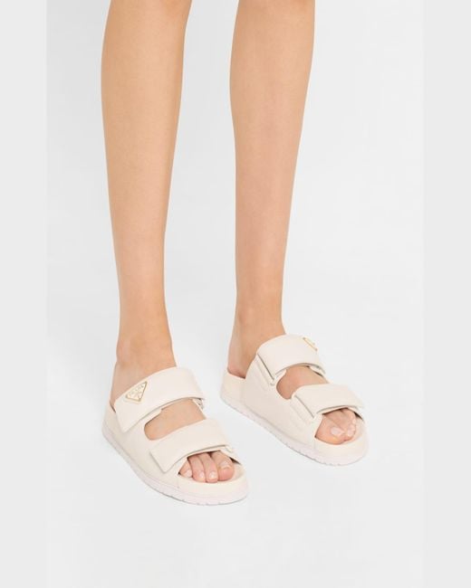 Prada Leather Double-Grip Slide Sandals in White | Lyst