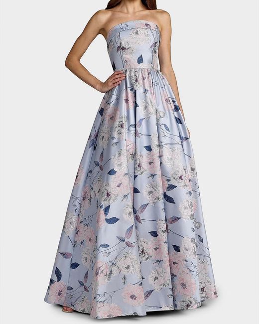 Mac Duggal Floral Brocade Strapless Ball Gown in Blue | Lyst